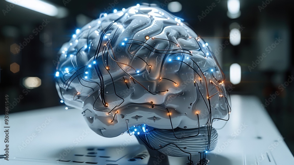 An electronic brain on a white table, mechanic brain built with ...