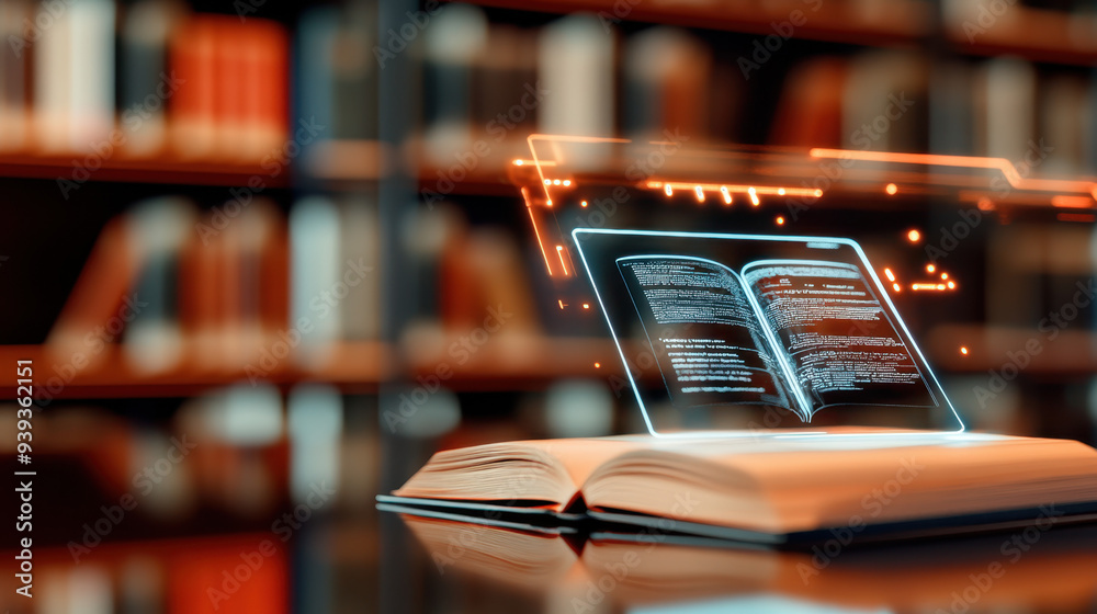 Open book with a holographic display showing interactive digital ...