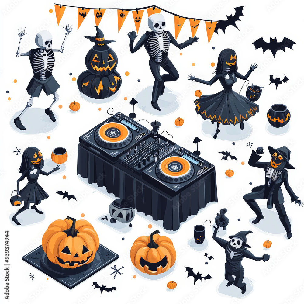 Isometric Halloween party scene, cubic style characters dancing, DJ ...