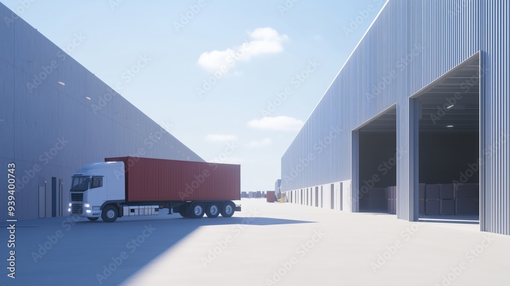 Multiple trucks parked at a warehouse dock, ready for loading and goods ...