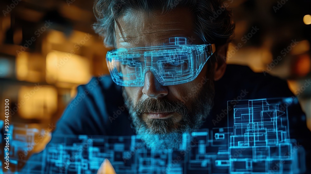 futuristic architectural blueprint with holographic overlay of 3d ...