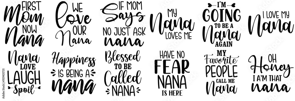 Minimal Nana Quotes, Calligraphic Lettering Set Vector Illustration for ...