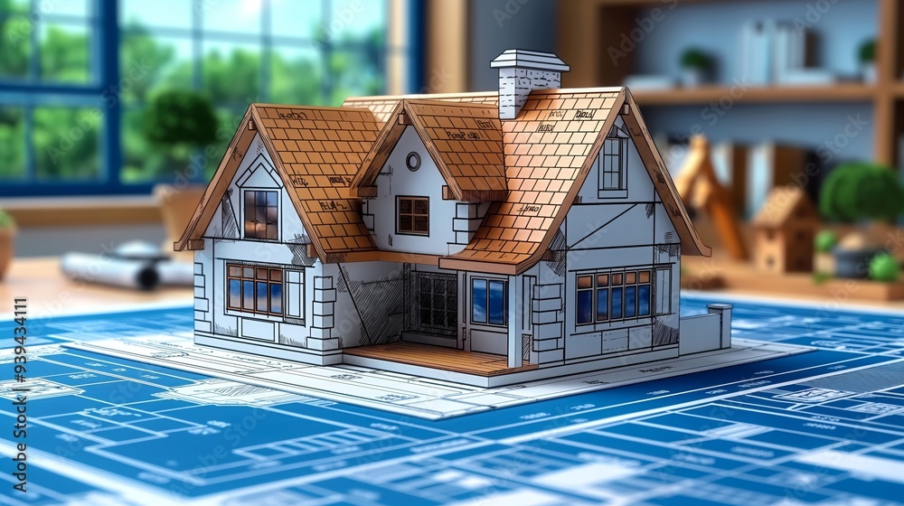 3D blueprint architectural house with detailed technical measurements ...