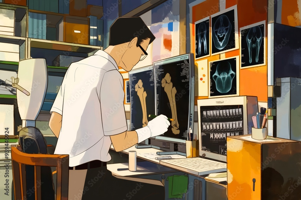 Hospital radiology unit with orthopedic surgeon examining tibia and ...