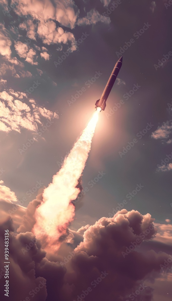 Close up of a ballistic missile in flight, dramatically piercing the ...
