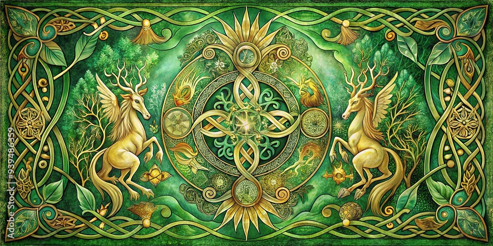 Intricate patterns of misty hues and gold entwine, beckoning mythical ...