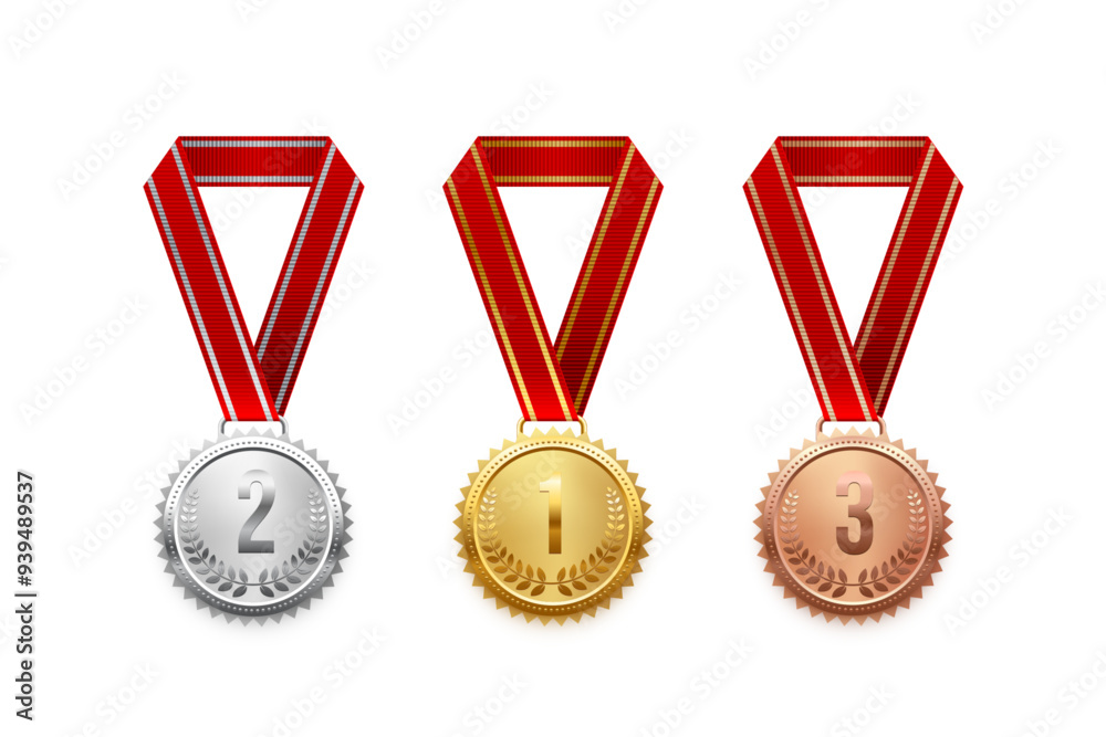 Gold, silver, bronze medals with numbers place and red ribbon set ...