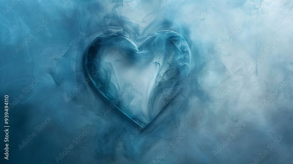Abstract heart shape in empty void, soft gradients of blue and gray ...