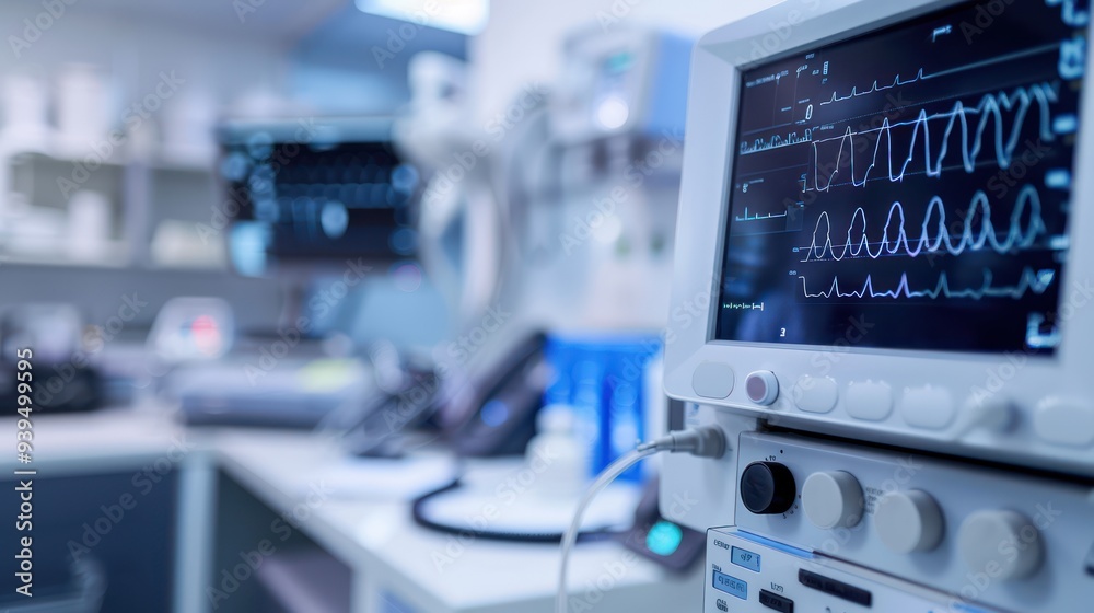 photograph of An electrocardiogram (EKG) machine with a clear display ...