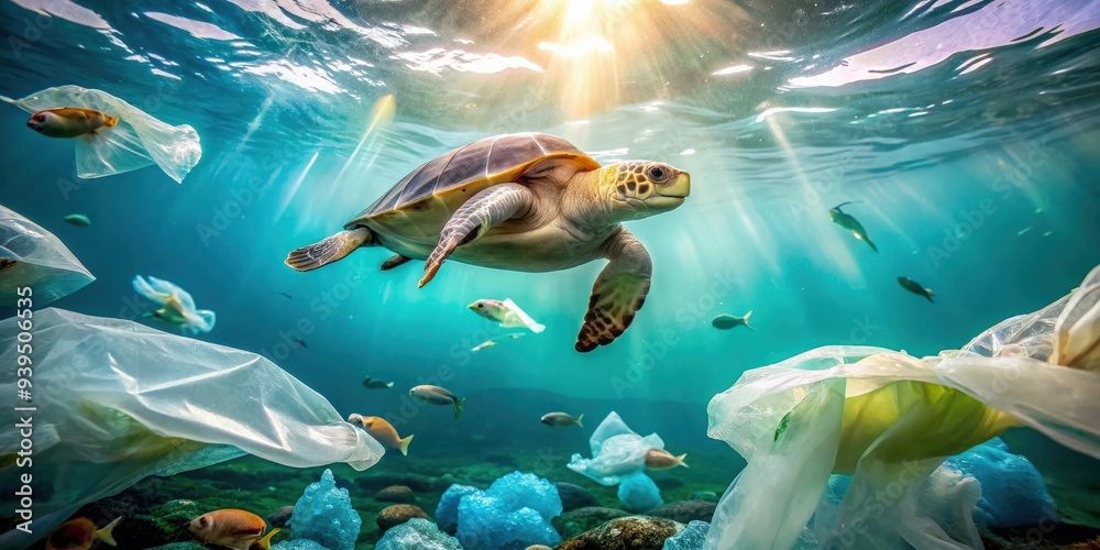 Turtle swimming in polluted water with plastic bags, representing ...