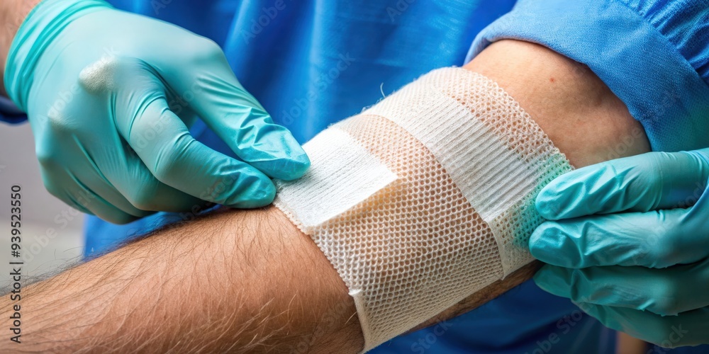 Postoperative wound being bandaged by medical professional, surgery ...