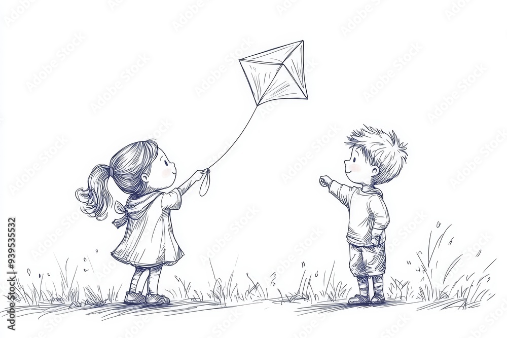 continuous line drawing little boy and girl flying kite. Siblings ...