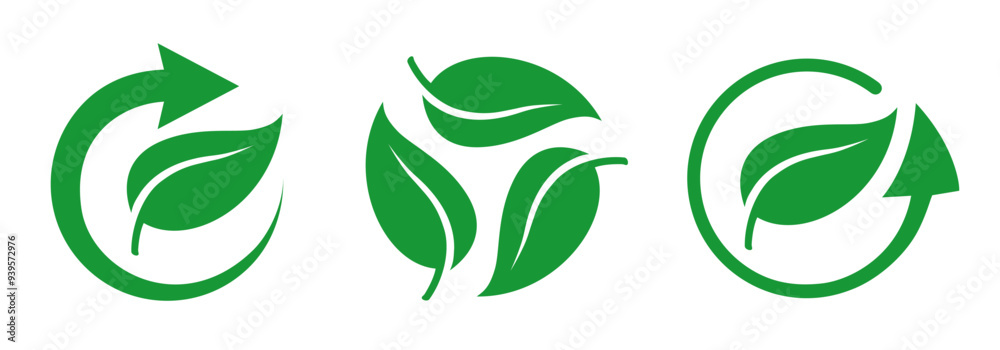 Green leaf and arrow icons for biodegradable recyclable organic bio ...