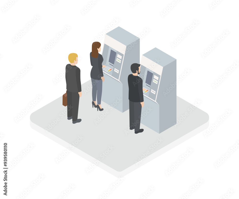 People waiting in line near atm machine. Can use for web banner ...