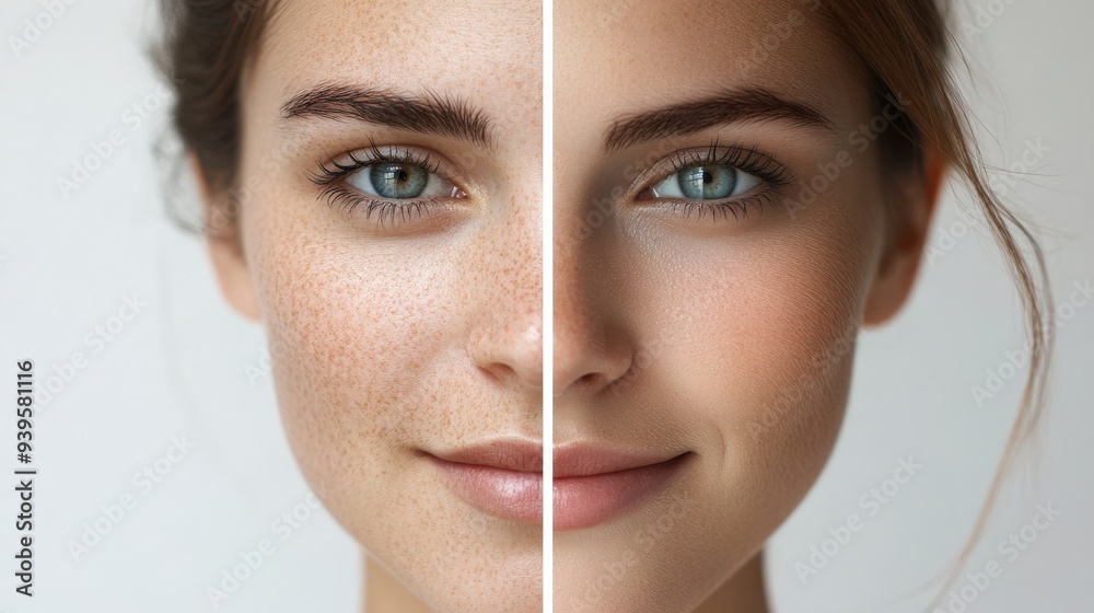 A woman's face is split in two, revealing a before-and-after effect ...