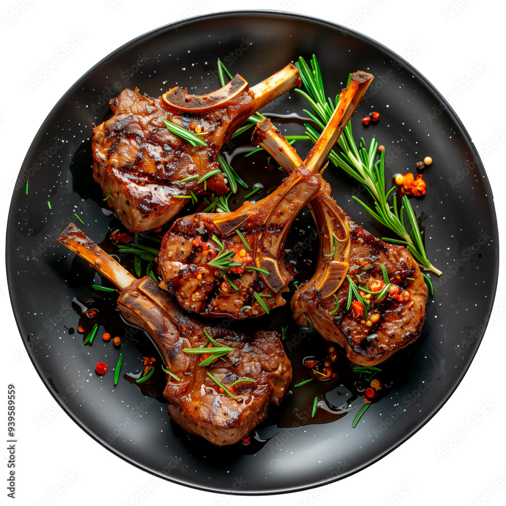 Lamb chops in a plate isolated on a white or transparent background ...