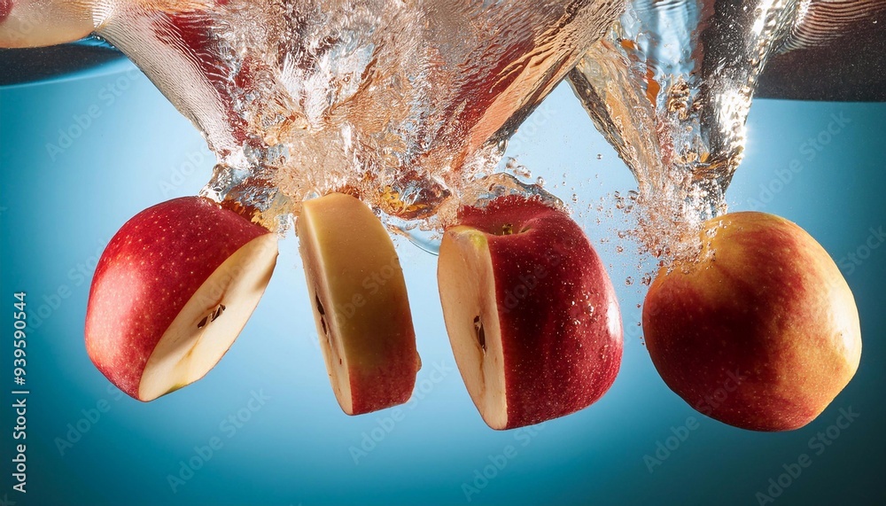 apple falling into water, splashes and drops of water. advertising ...