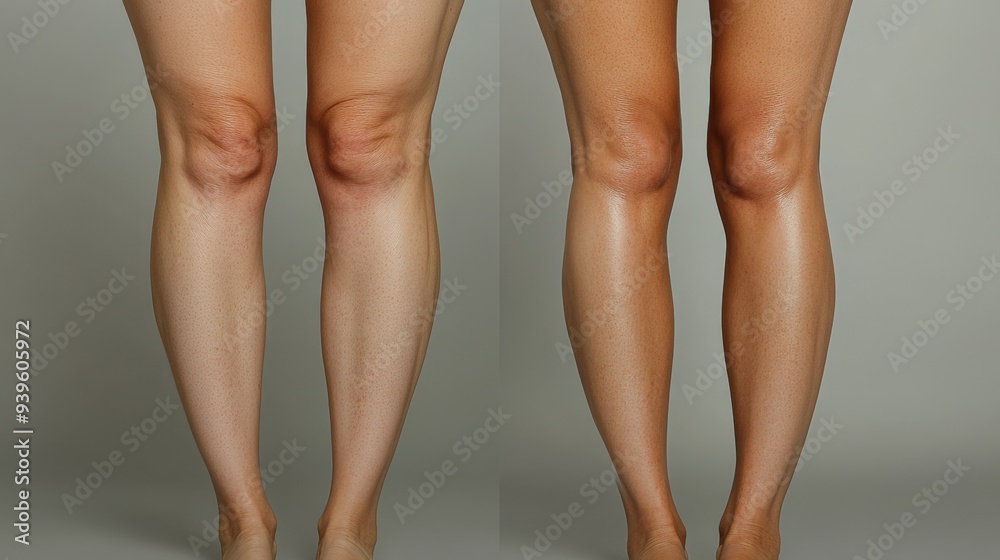 The legs of an individual are displayed side by side, showcasing their ...