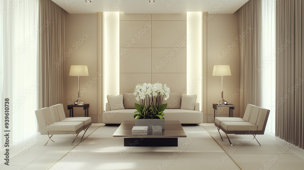 Stylowy salon o nowoczesnym wykończeniu, z minimalistycznym designem ...