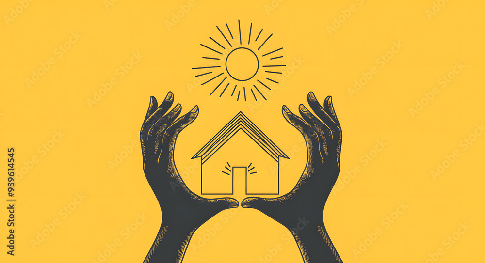 "Two Hands Holding Up the Outline of a House with a Sun, Symbolizing a ...
