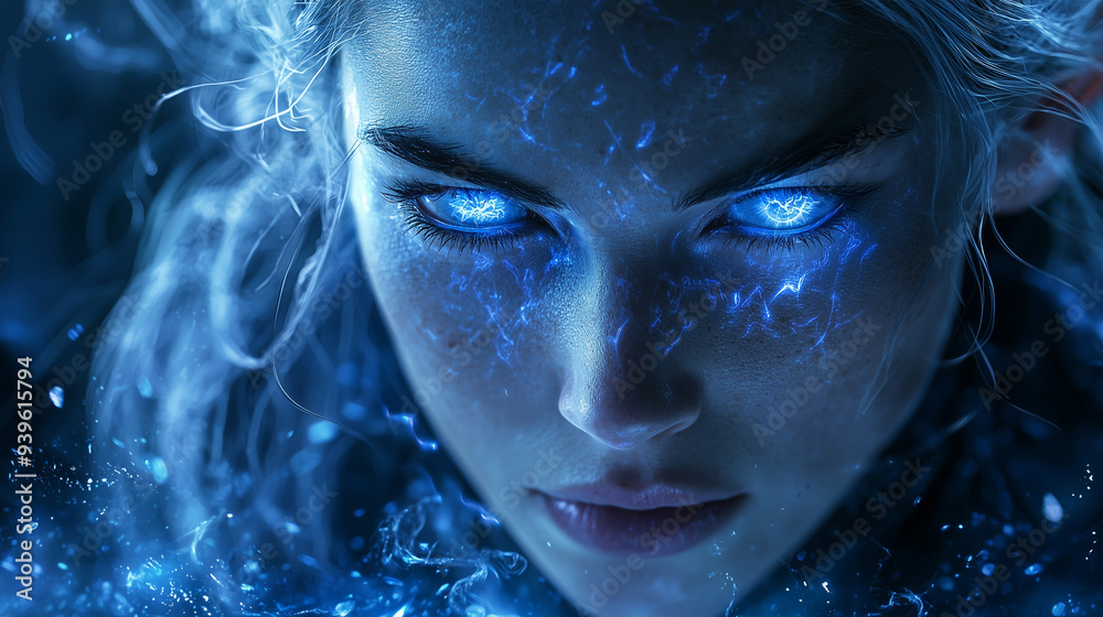 human mage with glowing blue eyes crackling with arcane energy, her ...