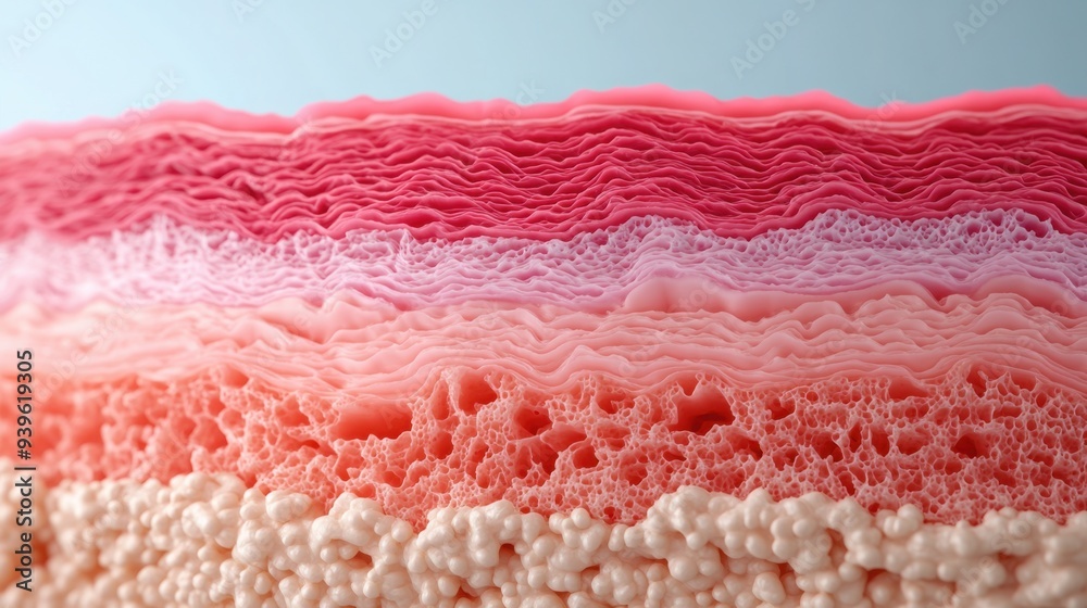 Skin biopsy cross-section, detailed tissue layers, 3D illustration ...