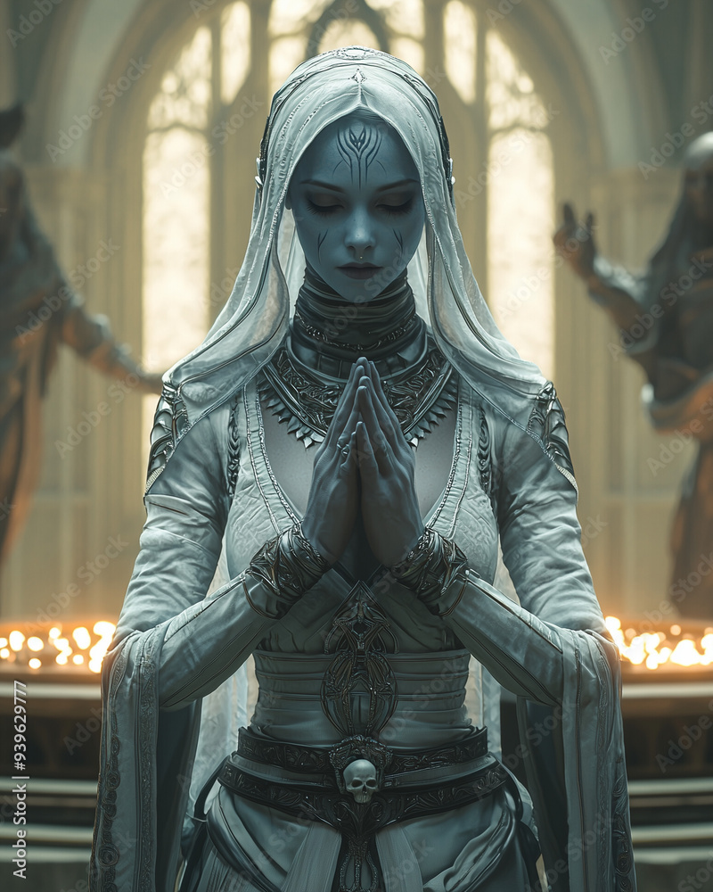 mysterious drow priestess in an ancient temple, her blue skin marked ...