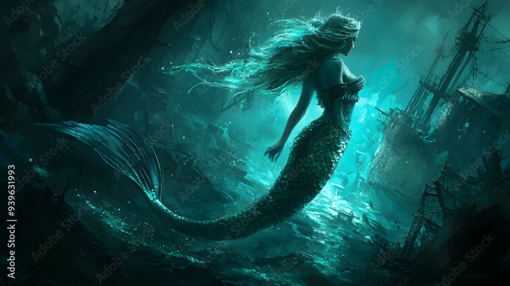 Mermaid of the Deep: A hauntingly beautiful mermaid with flowing hair ...