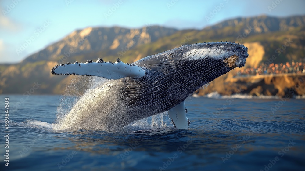 Majestic Humpback Whale Breaching the Ocean Surface, Splashing Water as ...