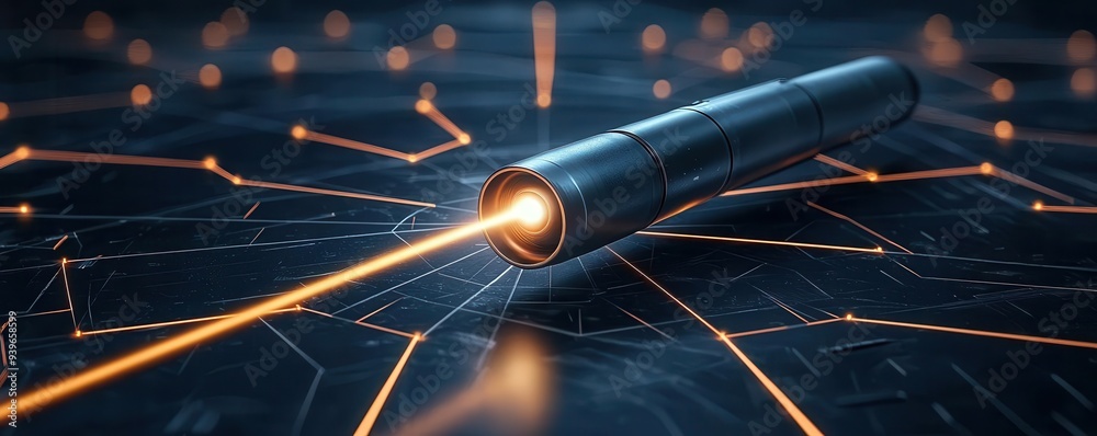 Laser-guided missile system in a military setting, beams locking onto a ...