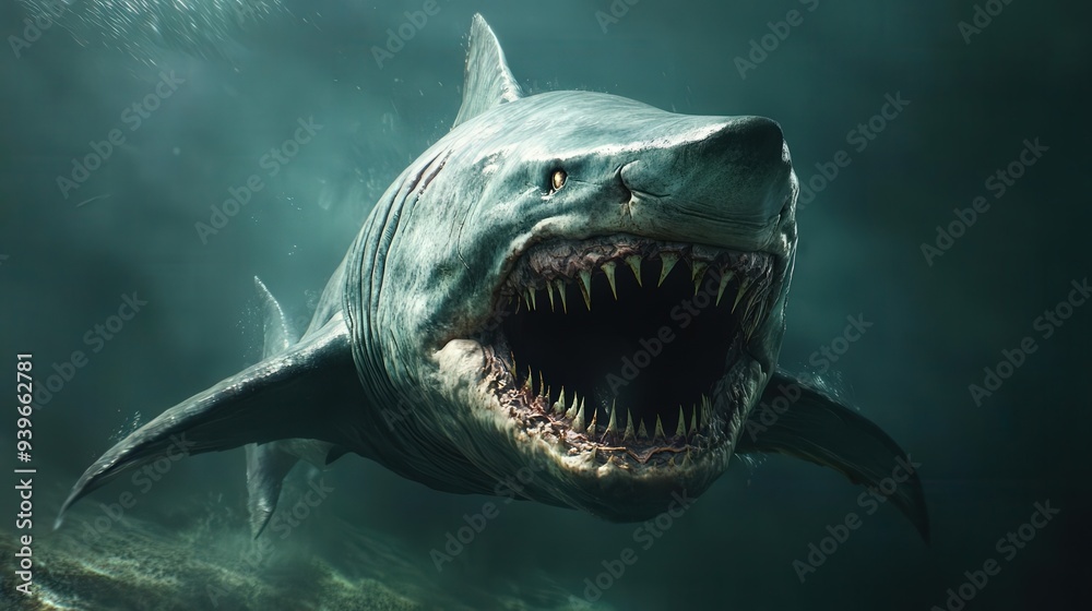 4K Realistic Goblin shark with protruding jaws, deep sea ambush attack, Stock Illustration ...