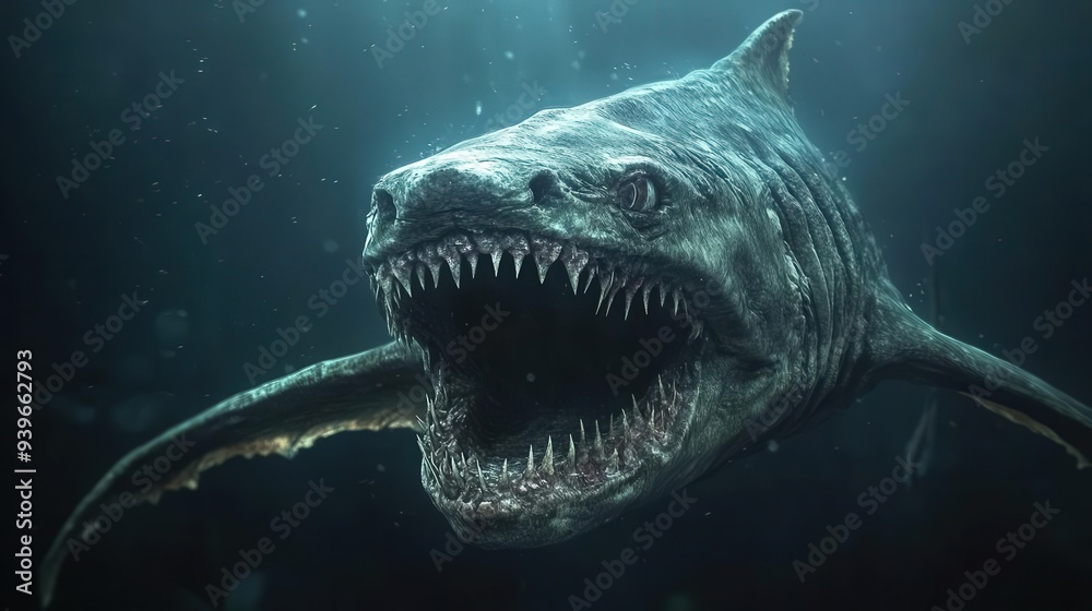 4K Realistic Goblin shark with protruding jaws, deep sea ambush attack ...