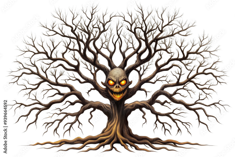 This creepy tree clip art features a gnarled, skeletal tree with ...