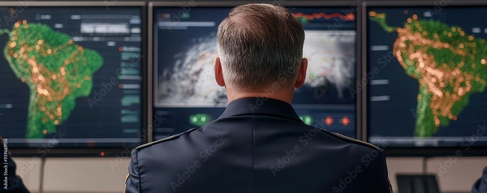 Emergency operations center with personnel monitoring natural disaster ...