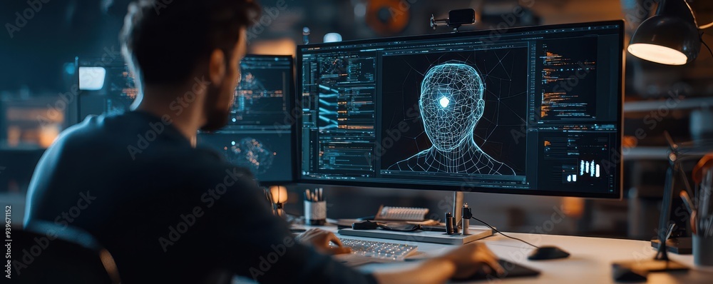 Creator experimenting with AI-generated designs in a modern studio ...