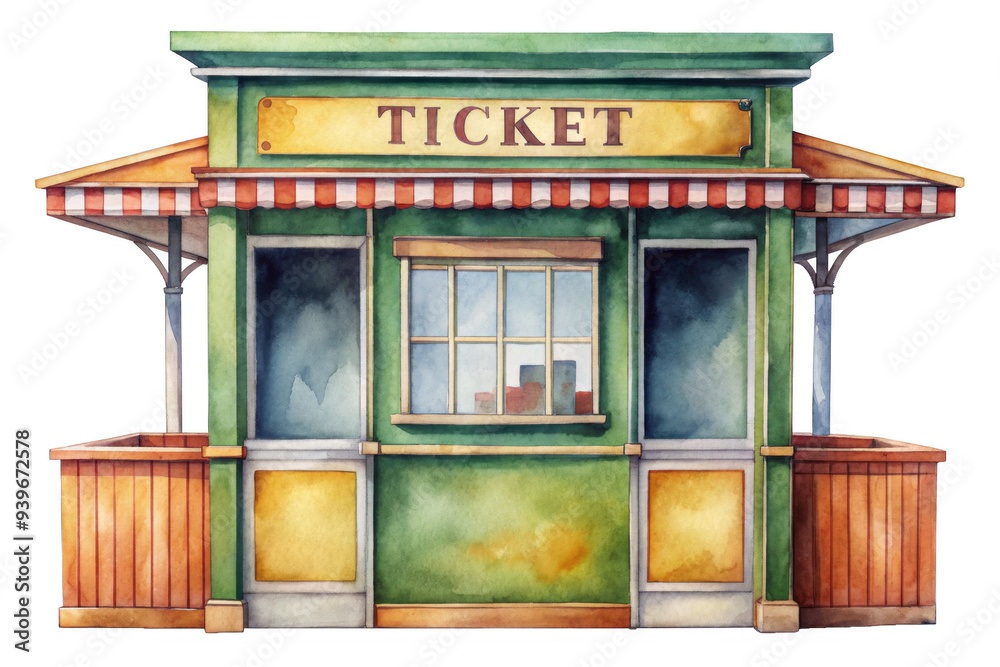 A charming watercolor illustration of a vintage ticket booth ...