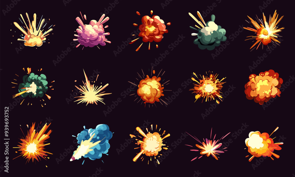 Explosions set. Game icons. Explosion burst bomb fire blust dynamite ...