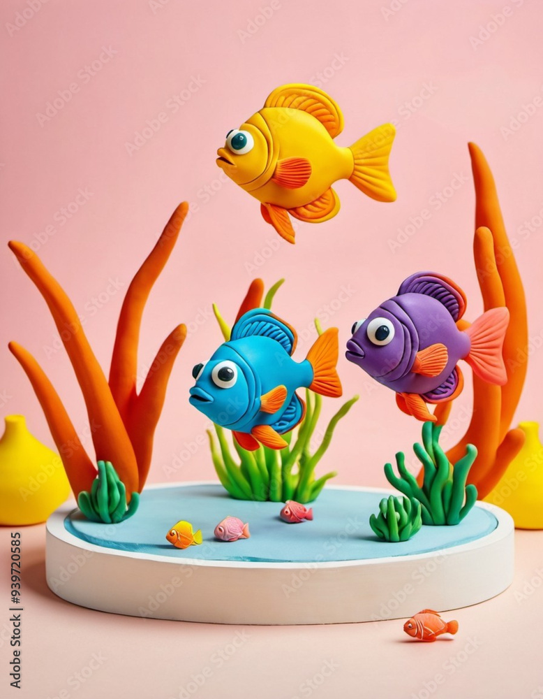 Colorful playdough scene depicting an underwater landscape with fish ...