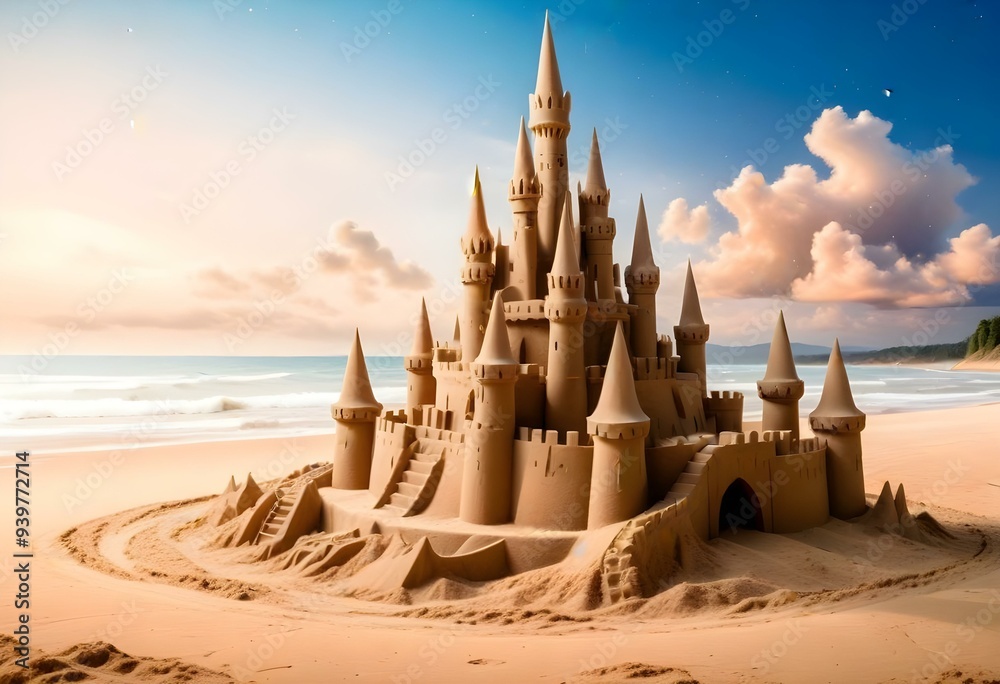 Fantasy magic fictionale giant sand castle with multiple towers and ...
