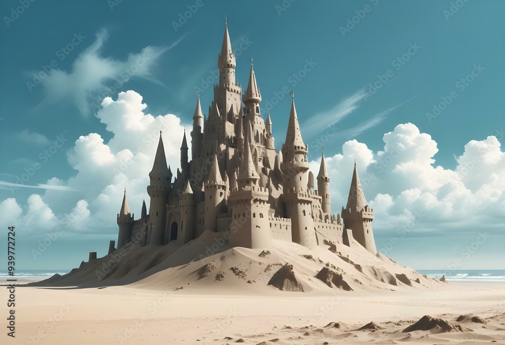 Fantasy magic fictionale giant sand castle with multiple towers and ...