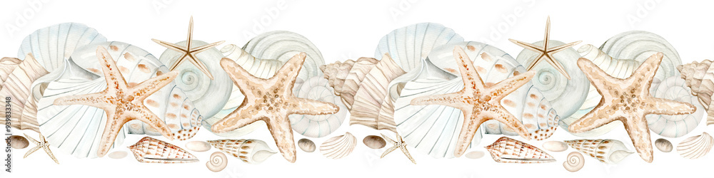 Seamless border of beige sea shells, zed and pebbles watercolor ...