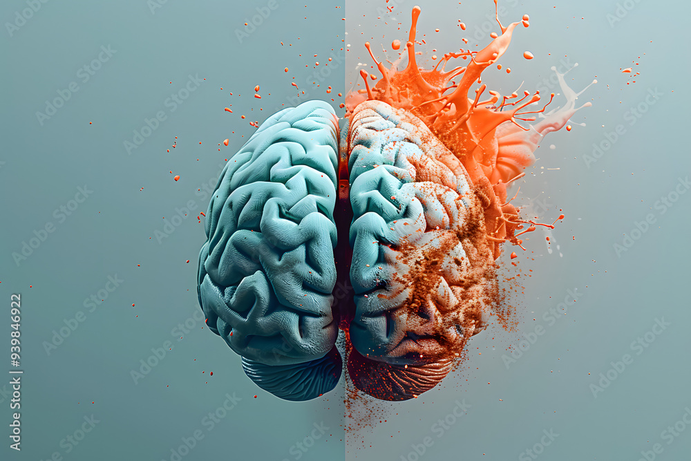 Conceptual image of a brain divided into calm and chaotic sides ...