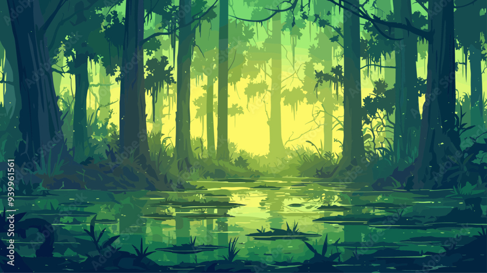 swamp background. marsh, flood forest gloomy trees green dark nature ...