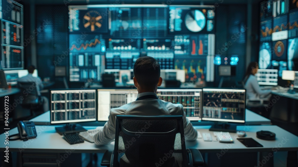 Close-up of a Professional Technical Controller Sitting at His Desk ...