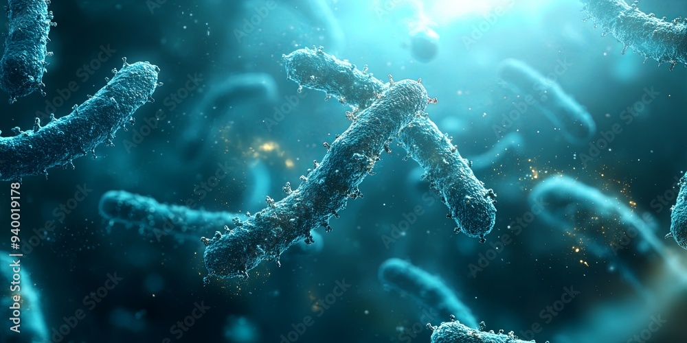 Microscopic view of bacteria in a blue liquid, some are in focus and ...