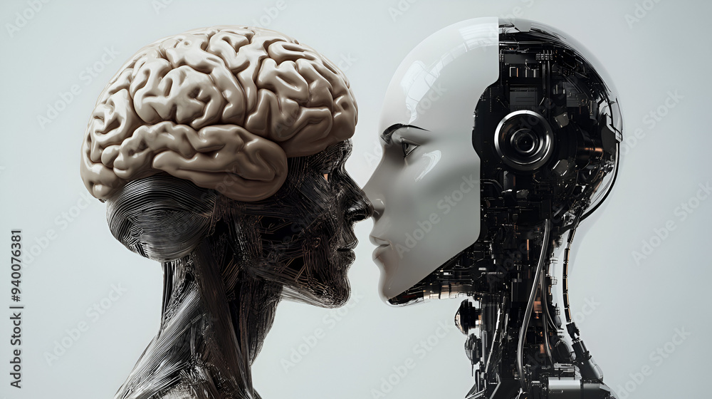 cerebro humano de una persona y cerebro de un robot creado con ...