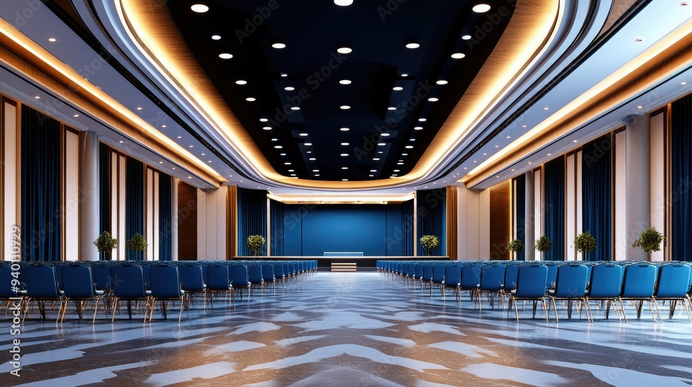 Modern conference hall with blue chairs and elegant lighting, ideal for ...