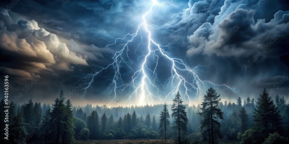 Lightning striking through dark clouds in a mysterious old forest ...