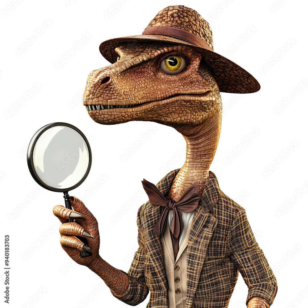 Illustration of a dinosaur detective wearing a hat and holding a magnifying glass, examining ...