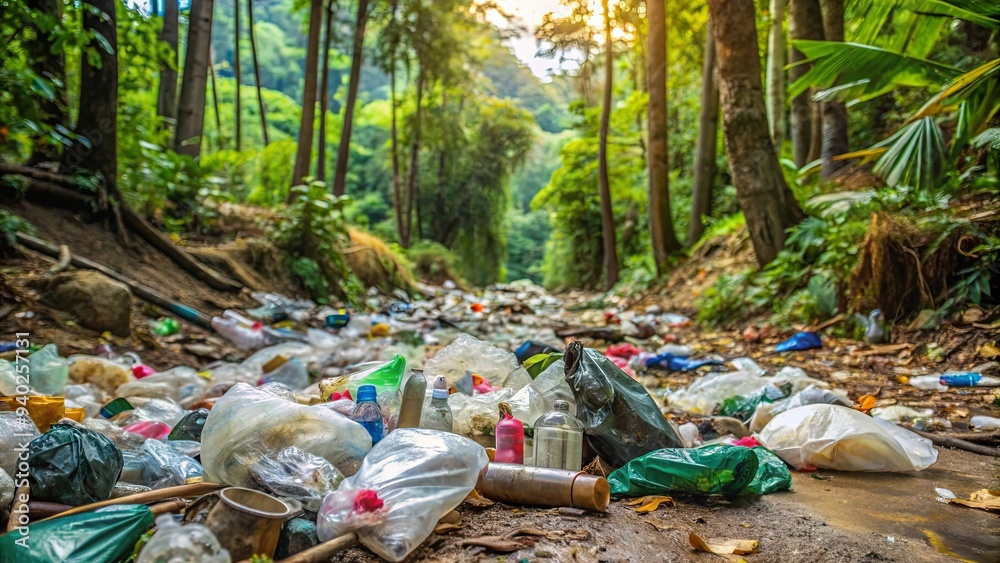 Ilustracja bez tantiem: Plastic pollution in the jungle, with dirty ...
